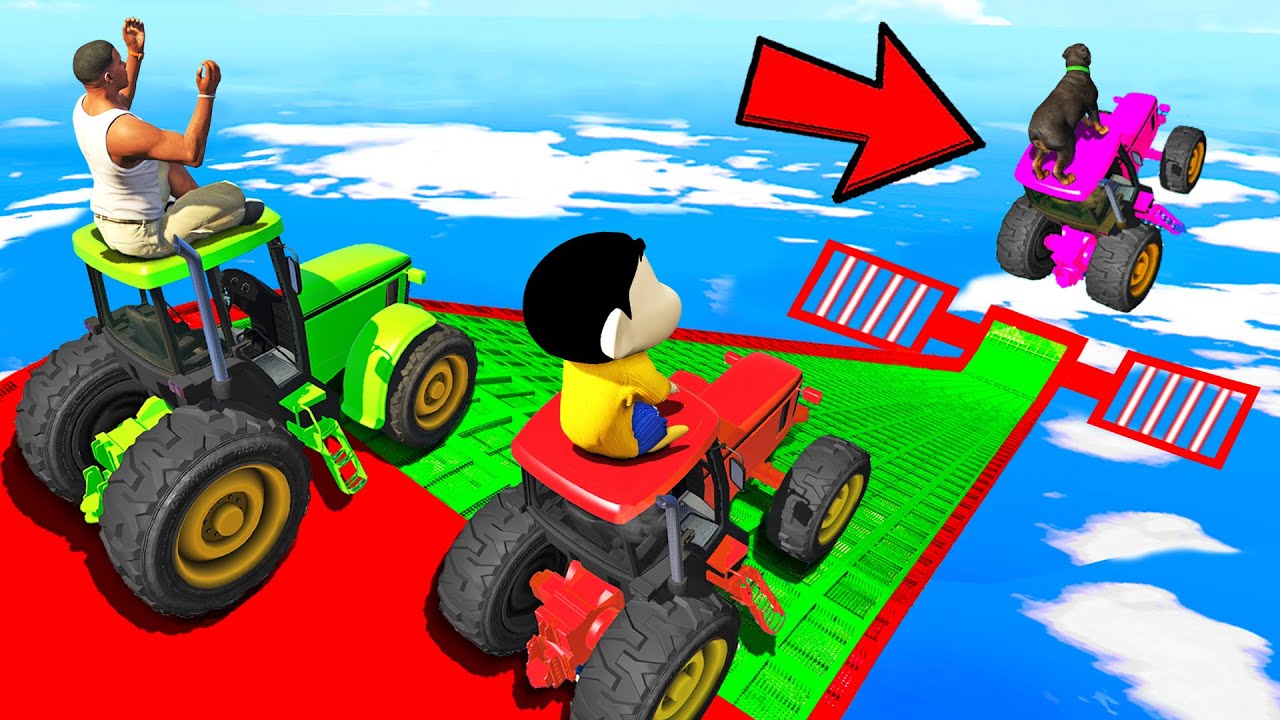 SHINCHAN AND FRANKLIN TRIED TRACTOR MEGA RAMP CRAZY RACE JUMP CHALLENGE ...