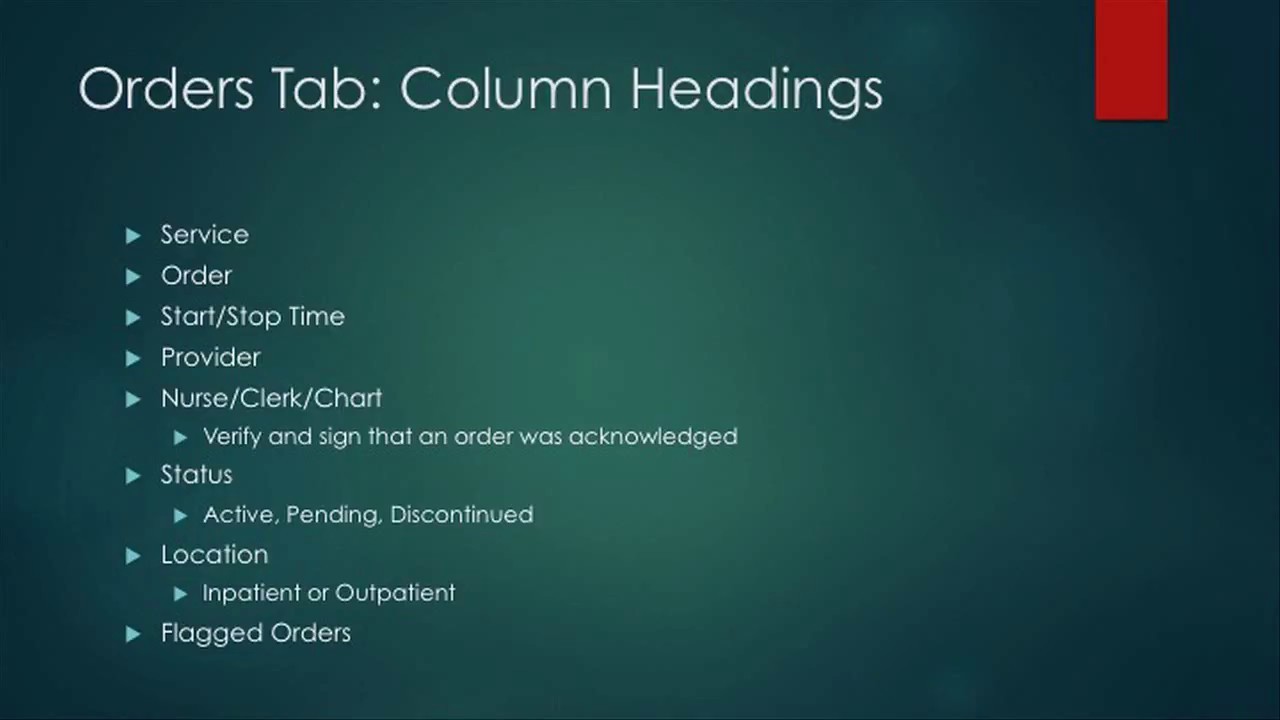 Intro to CPRS For Nursing Students 13: Orders Tab - Column Headings ...