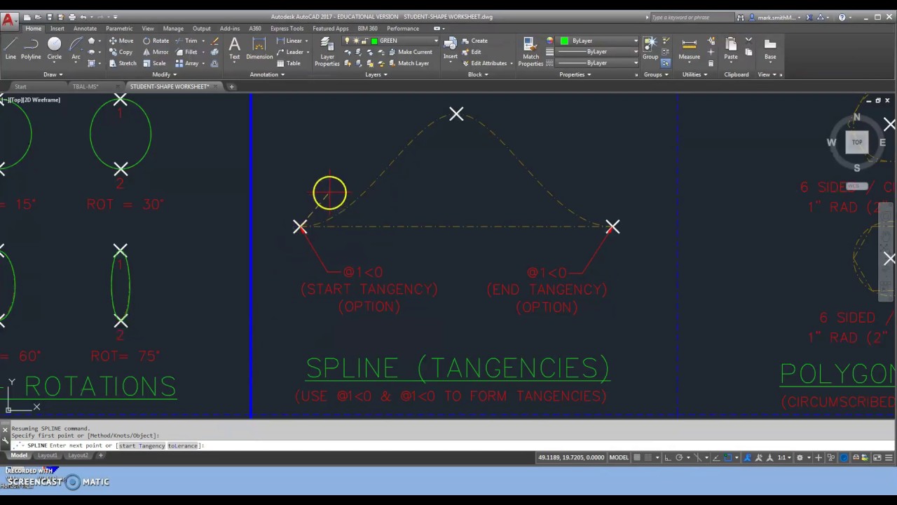 AutoCAD Student Shape Worksheet Drawing Spline Tangency Command - YouTube