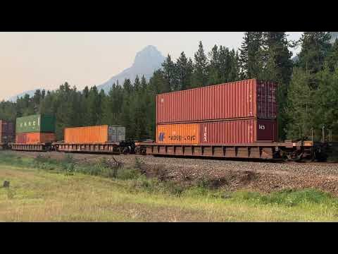 CP 9775 and 8005 lead long westbound container train near Castle Junction / Banff National Park ...
