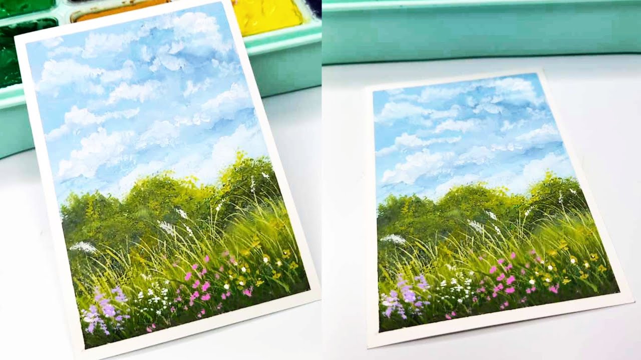 Easy Painting for Beginners-Grass and Flowers Painting-Gouache Painting ...