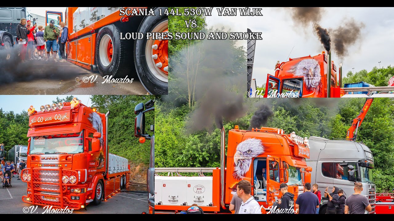 SCANIA 144L 530 W VAN WIJK V8 LOUD PIPE SOUND and SMOKE @Truckshow ...
