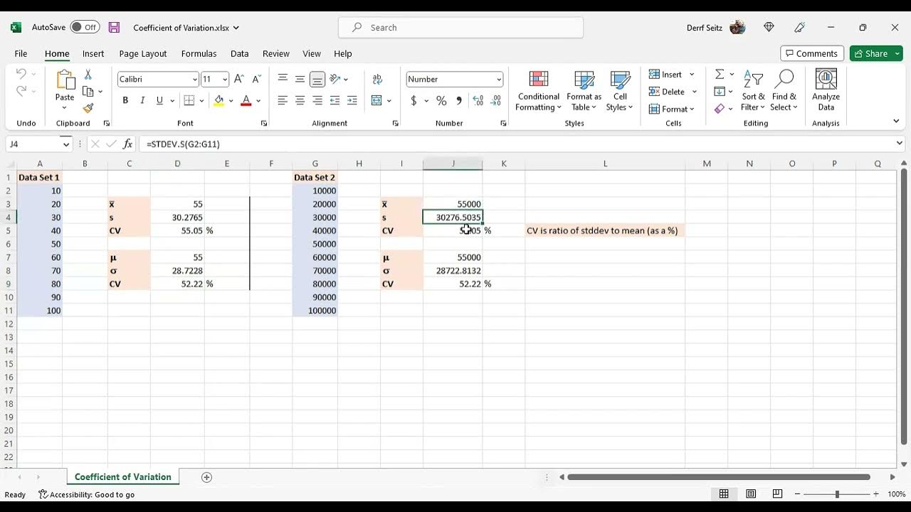 Microsoft Excel Coefficient of Variation - YouTube