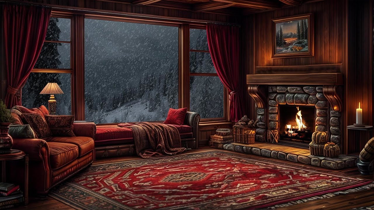 Snowstorm Inside the Cozy Room | Crackling Fireplace, Snowfall & Gentle ...