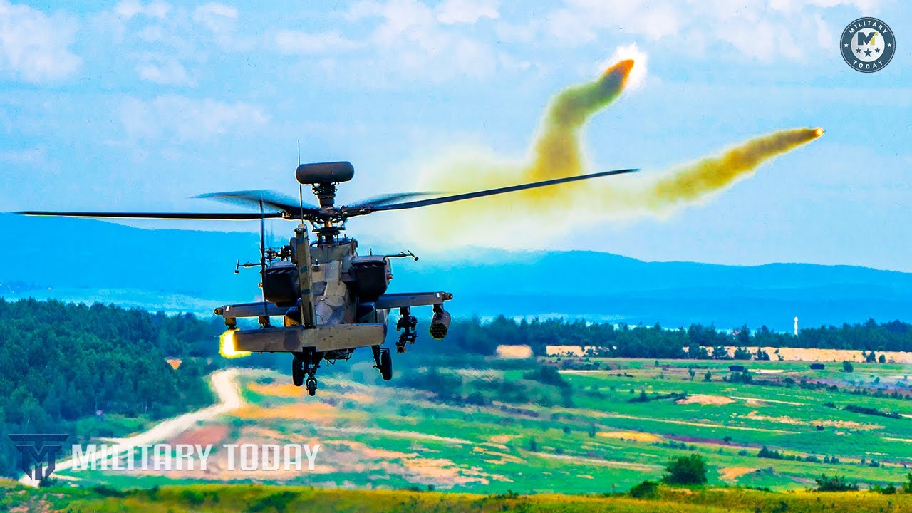US Army AH-64 Apache Attack Helicopter Conducts Aerial Gunnery at the ...
