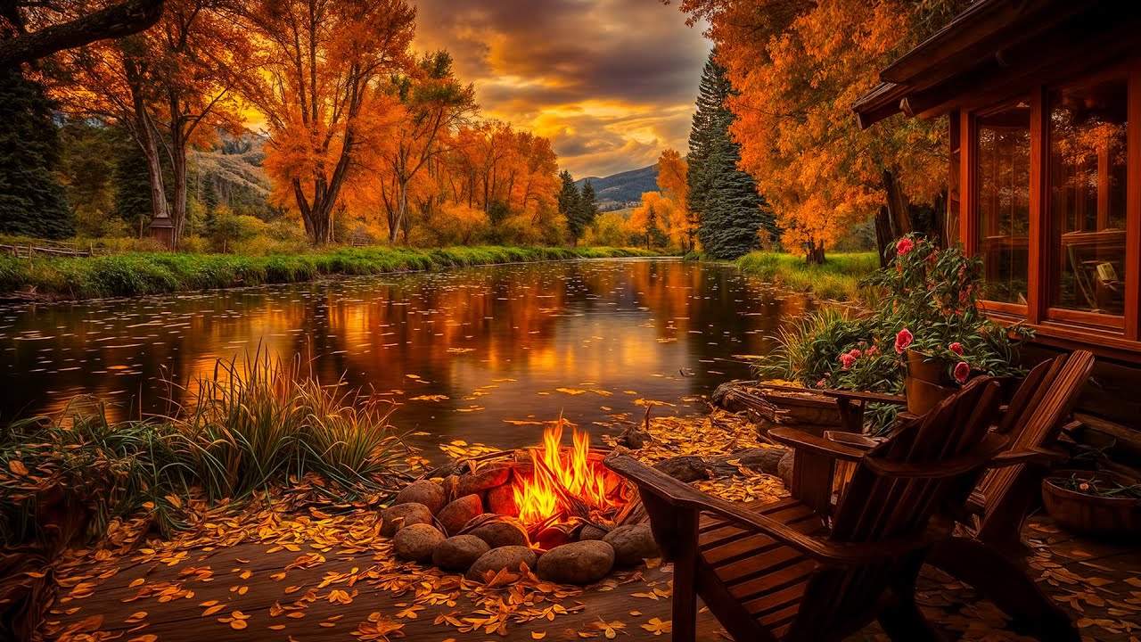 🌅 Warm Fall Sunset by the Riverside Porch 🍁 Soothing Fire & Calming ...