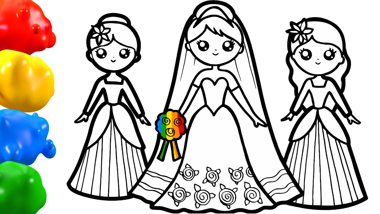 Drawing 3 Beautifyl Brides in the cute Wedding Dress Coloring ...