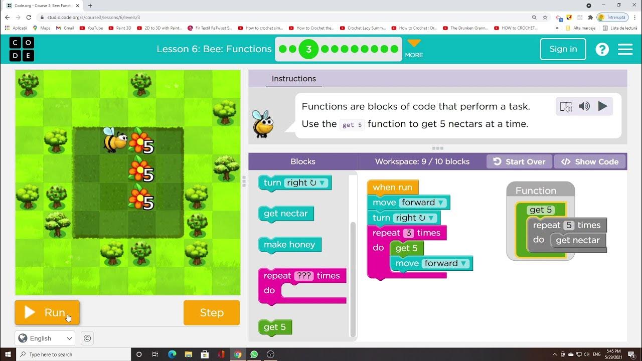 Code.org 2021 - Course 3 - Lesson 6 - Bee Functions - YouTube