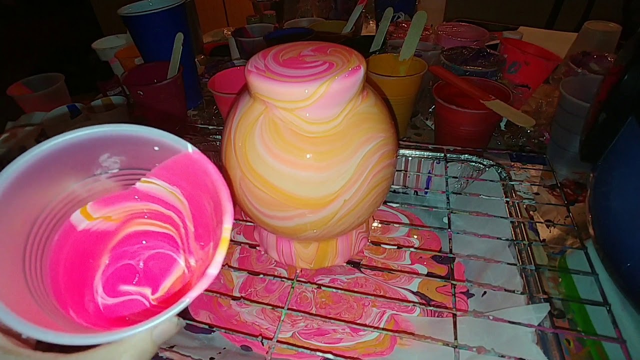 Acrylic paint pour over a glass vase. DIY pouring. Seventh time's a ...