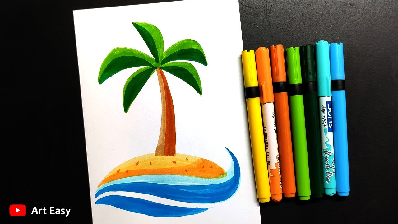 Very Very Simple And Easy Beach Drawing || Beach Drawing With Brush ...