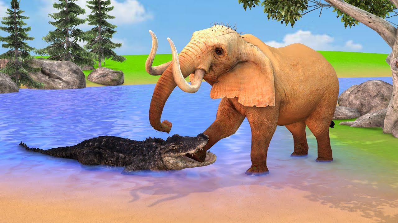 Crocodile vs Elephant Story | Cunning Crocodile | Cow, Bulls, Deer ...