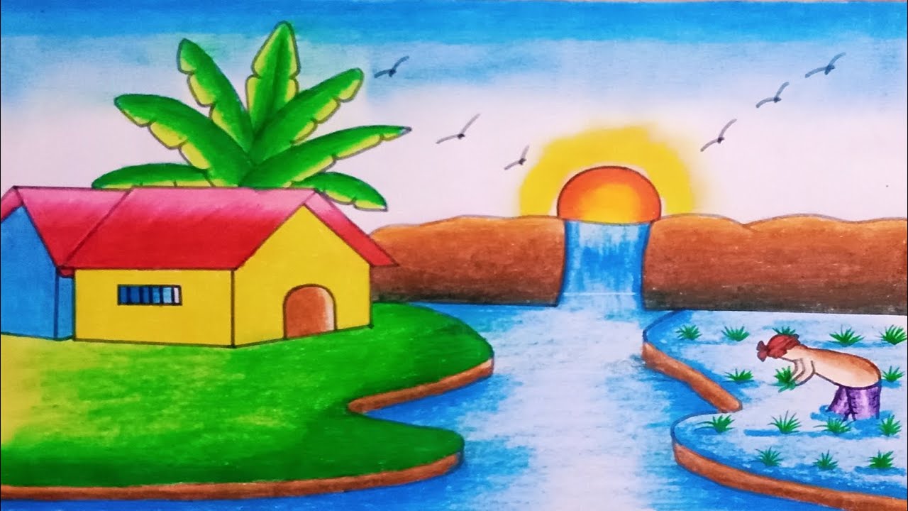 Paddy Field with Farmer Scenery Drawing Easy/ Very Easy Village Scenery ...