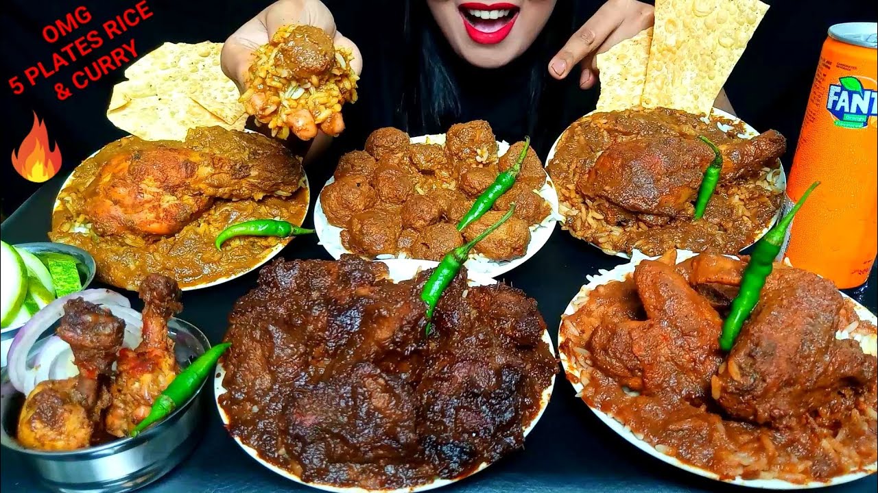 ASMR:EATING 5 PLATES RICE WITH SPICY😰🤤MUTTON FRY,JAMBO CHICKEN LEG ...