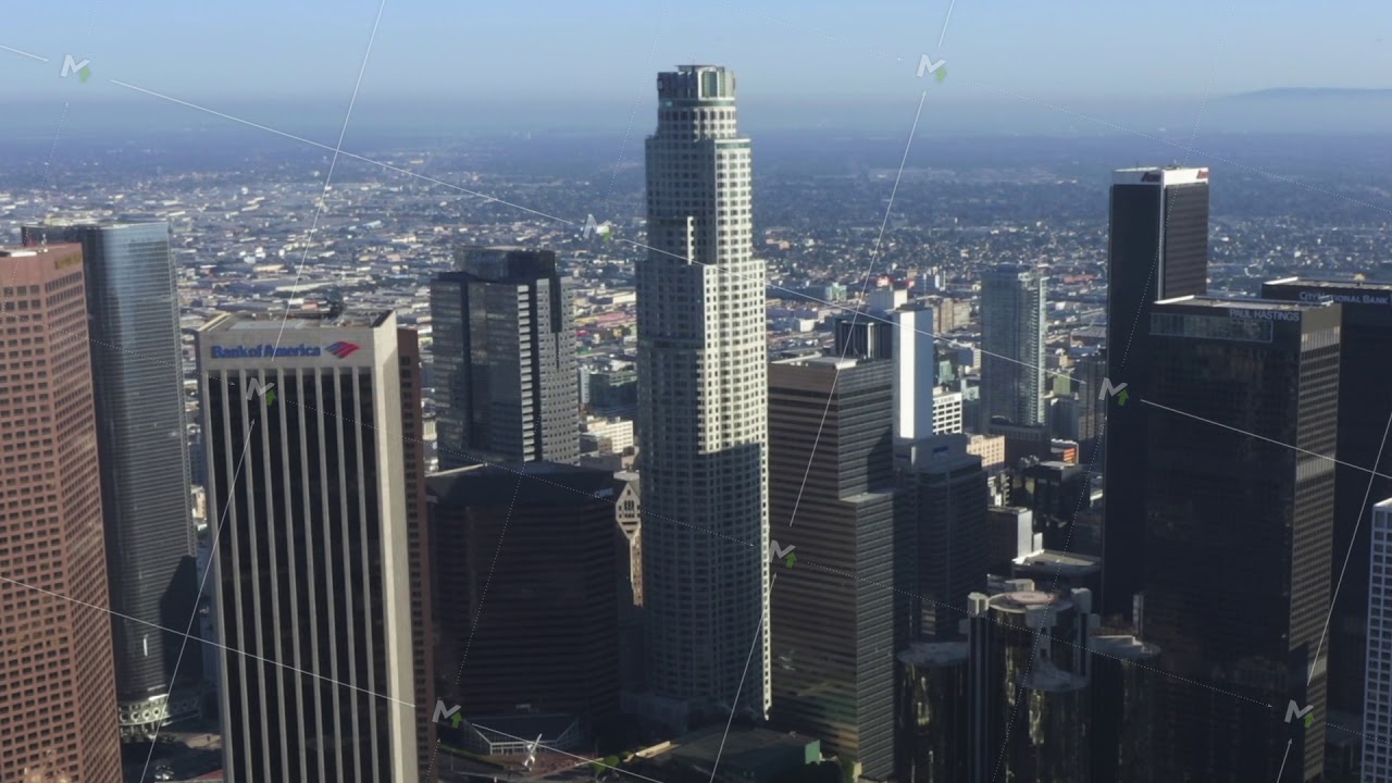 AERIAL: Wide view of Downtown Los Angeles, California Skyline at ...