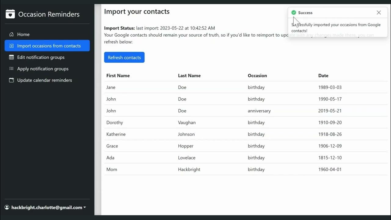 Hackbright Occasion Reminders Demo - YouTube