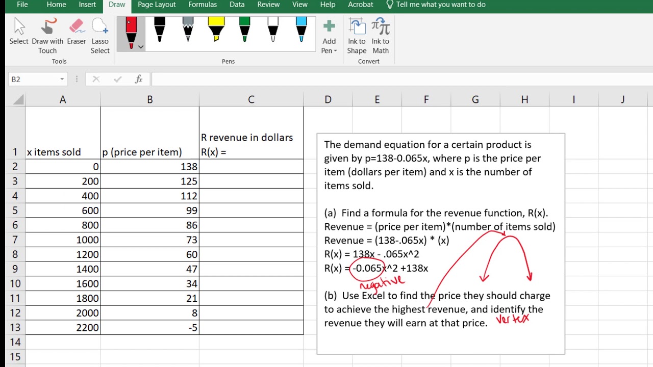 quadratic revenue function on excel - YouTube