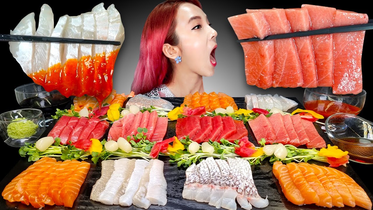 [Mukbang] Assorted Sliced Raw Fish 모듬회 연어회, 광어회, 참돔회, 참치회, 광어지느러미 Real ...