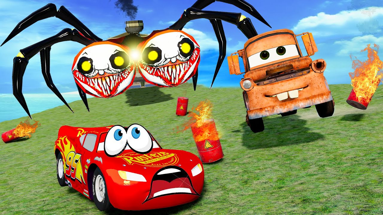Angry Choo Choo Charles Train and EXPLOSIVE BARREL vs Lightning McQueen ...