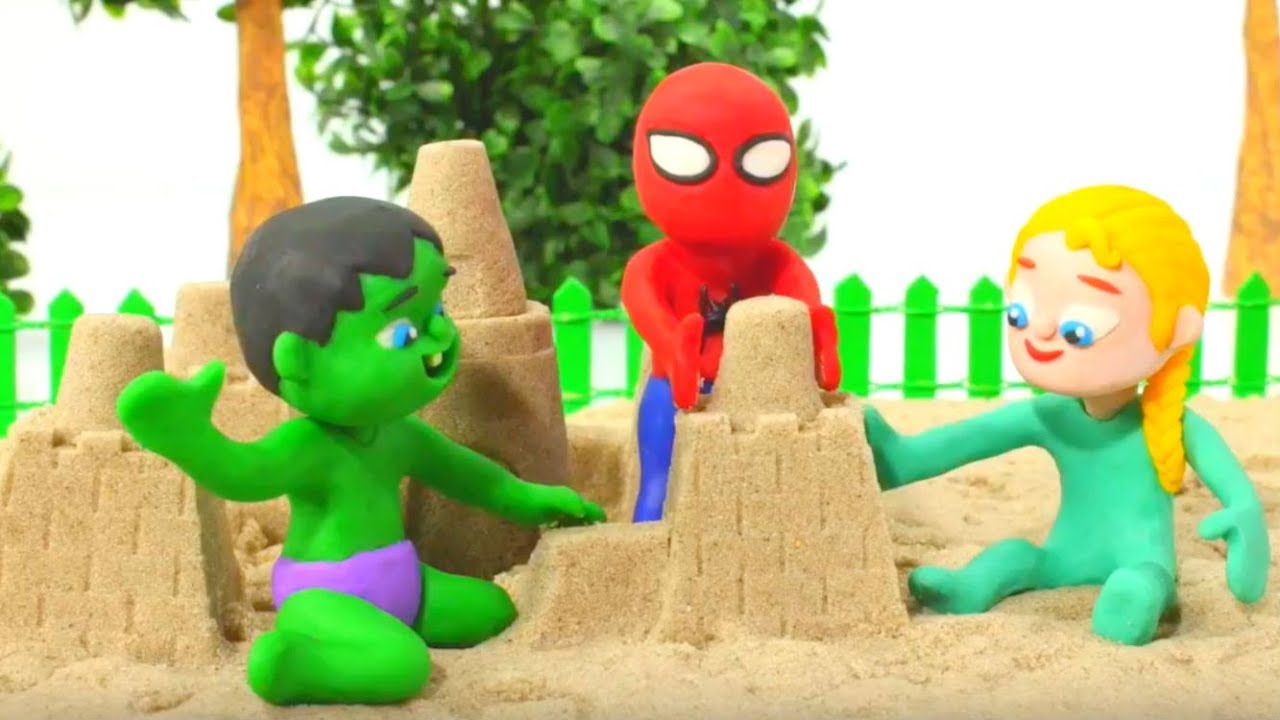 SUPERHERO BABIES MAKE SAND FIGURES Spiderman, Hulk & Frozen Elsa Play ...