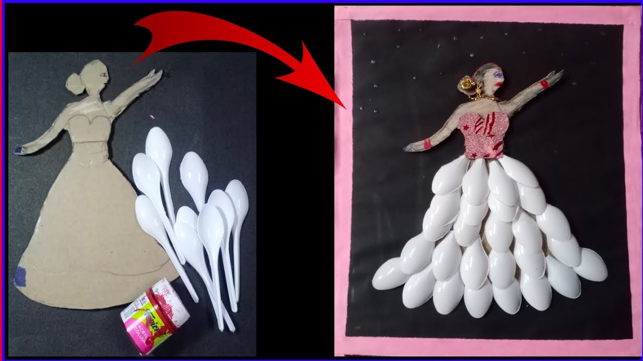 How to make Barbie doll with plastic Spoon, Card Board |3D wall ...