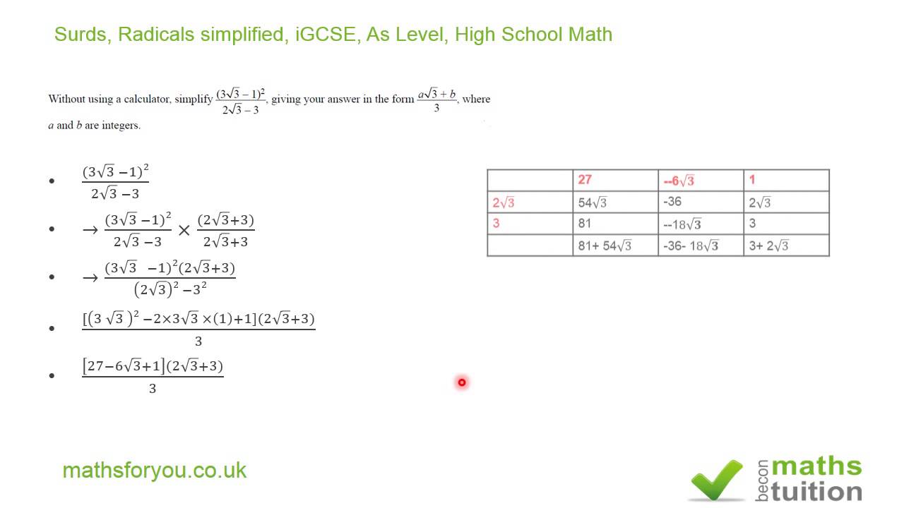 Surds, Radicals simplified, difference of two squares, iGCSE, As Level ...