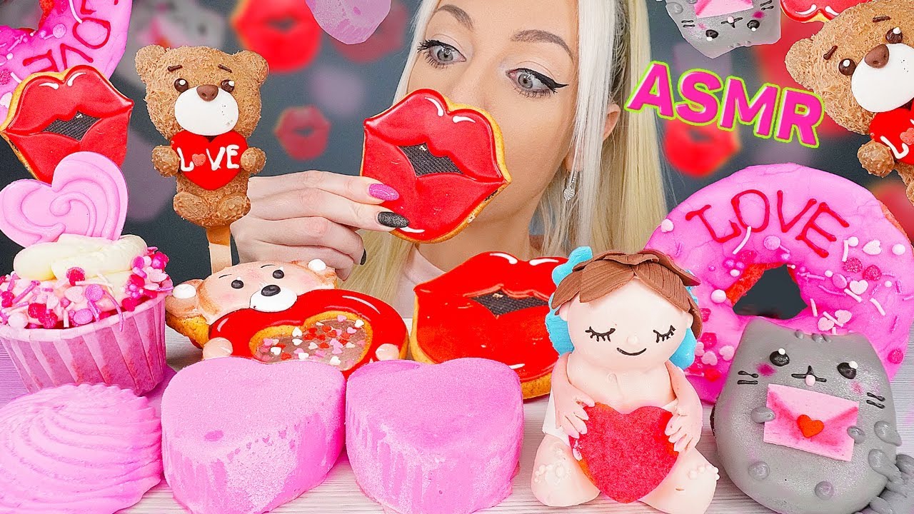 Asmr Eating Pink Food Edible Lips Mousse Cake Donut 컬러 먹방 디저트 먹방