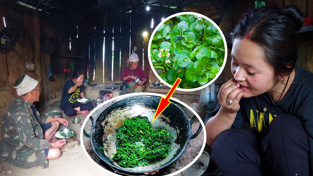Organic Greens with rice in the Nepali village kitchen || Simsag & Rice ...