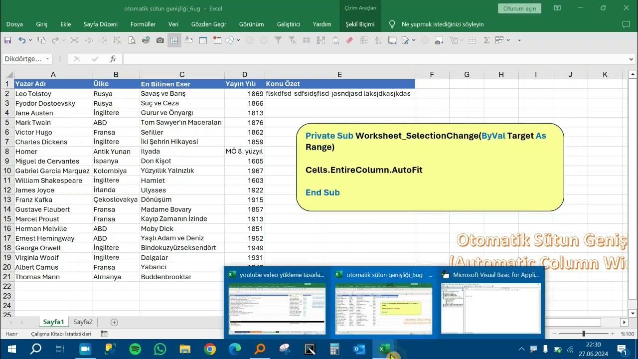 🟢#Excel'de Otomatik Sütun Genişliği Ayarlama(Vba Kod ile) - YouTube