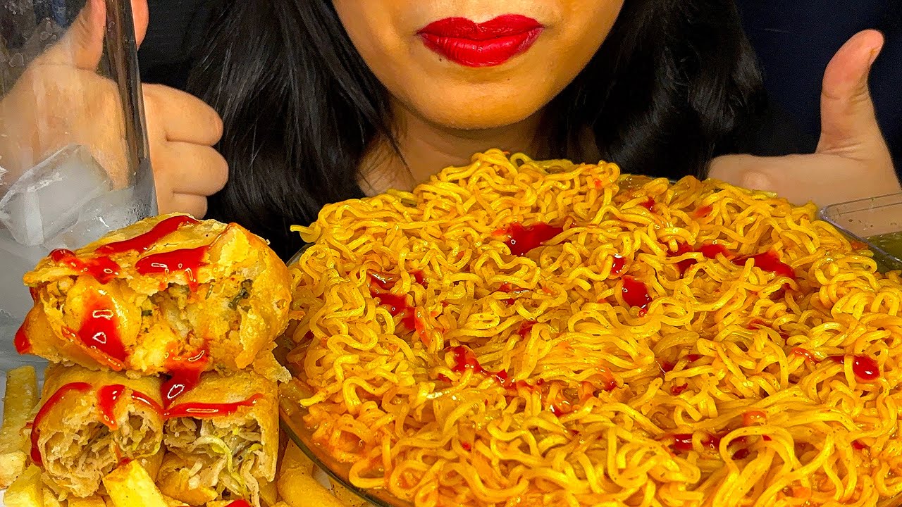 ASMR EATING MAGGI MASALA NOODLES & VEG SPRING ROLL | ASMR NOODLES ...