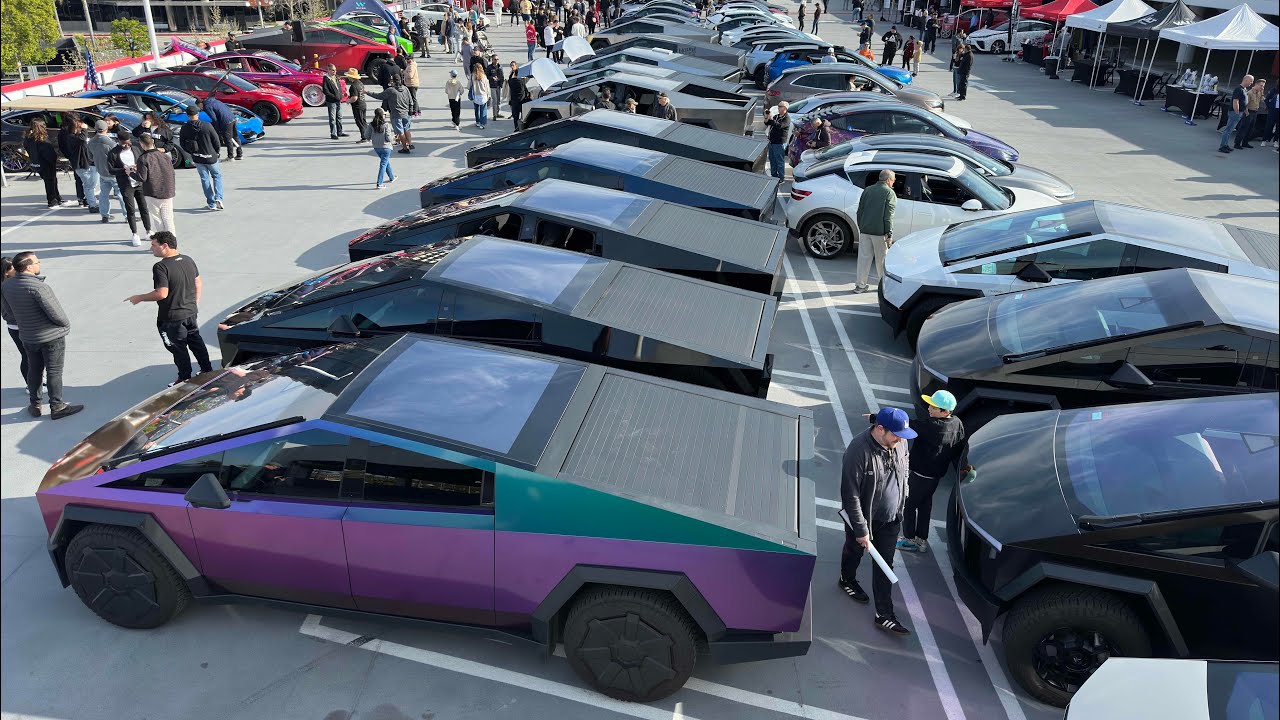 Tesla CyberTruck parade at Petersen Museum in Los Angeles - YouTube