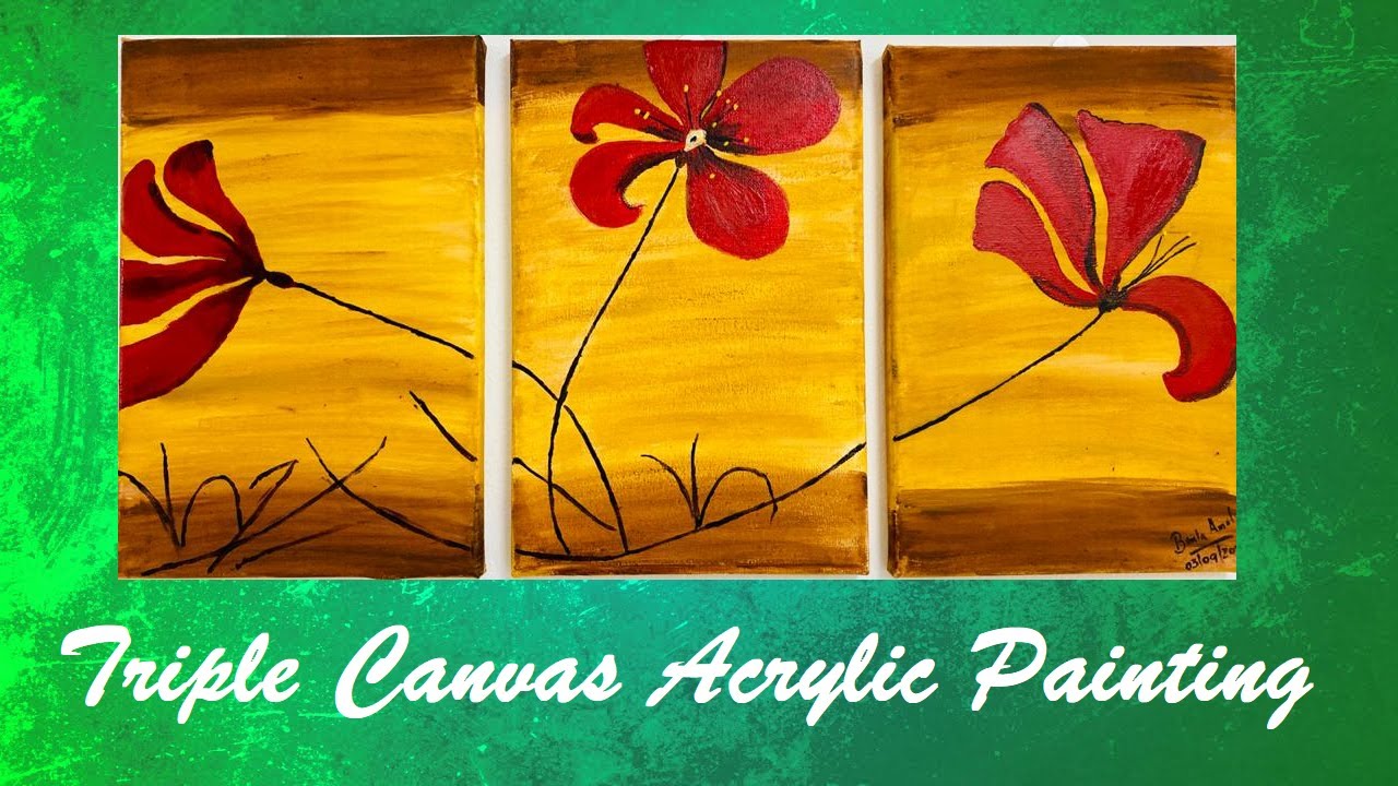 Triple Canvas Painting || wall Art| Simple Flower| Part -3 - YouTube