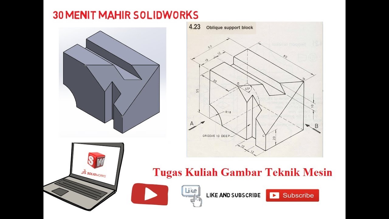 Tutorial Solidworks #Tugas kuliah teknik gambar mesin Oblique Support ...