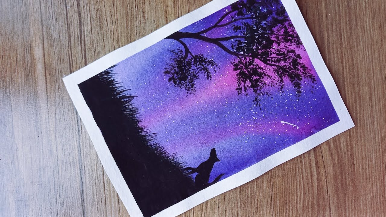 How to draw a landscape at night.Easy ways to paint colored aurora in ...