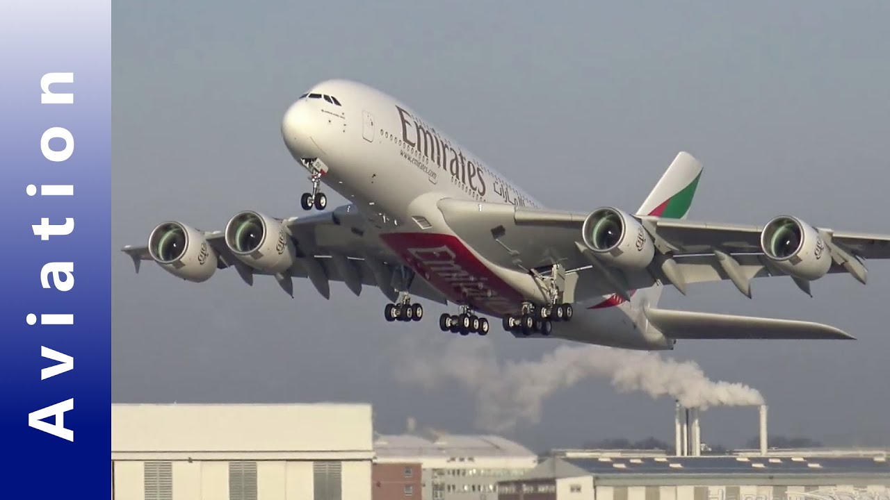 EMIRATES A380 takes off into clear blue winter sky - YouTube