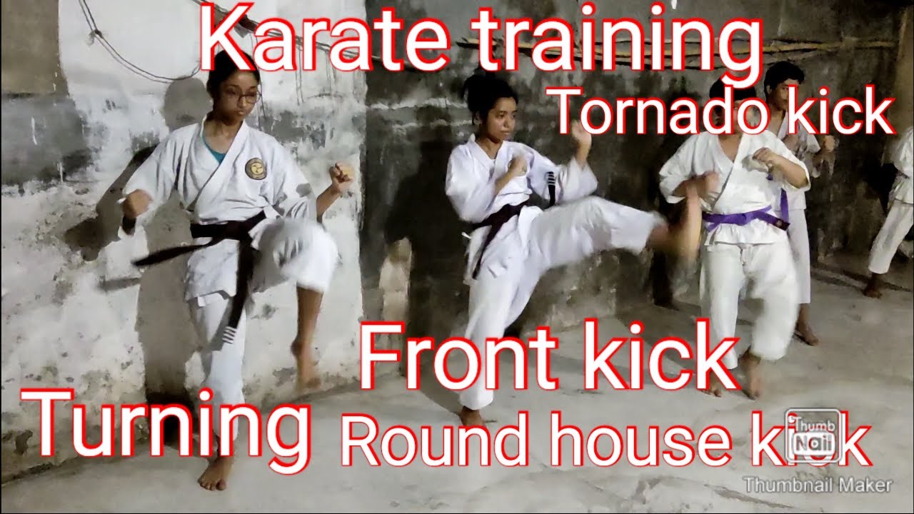 Karate training turning front kick & round house kick for self defense ...