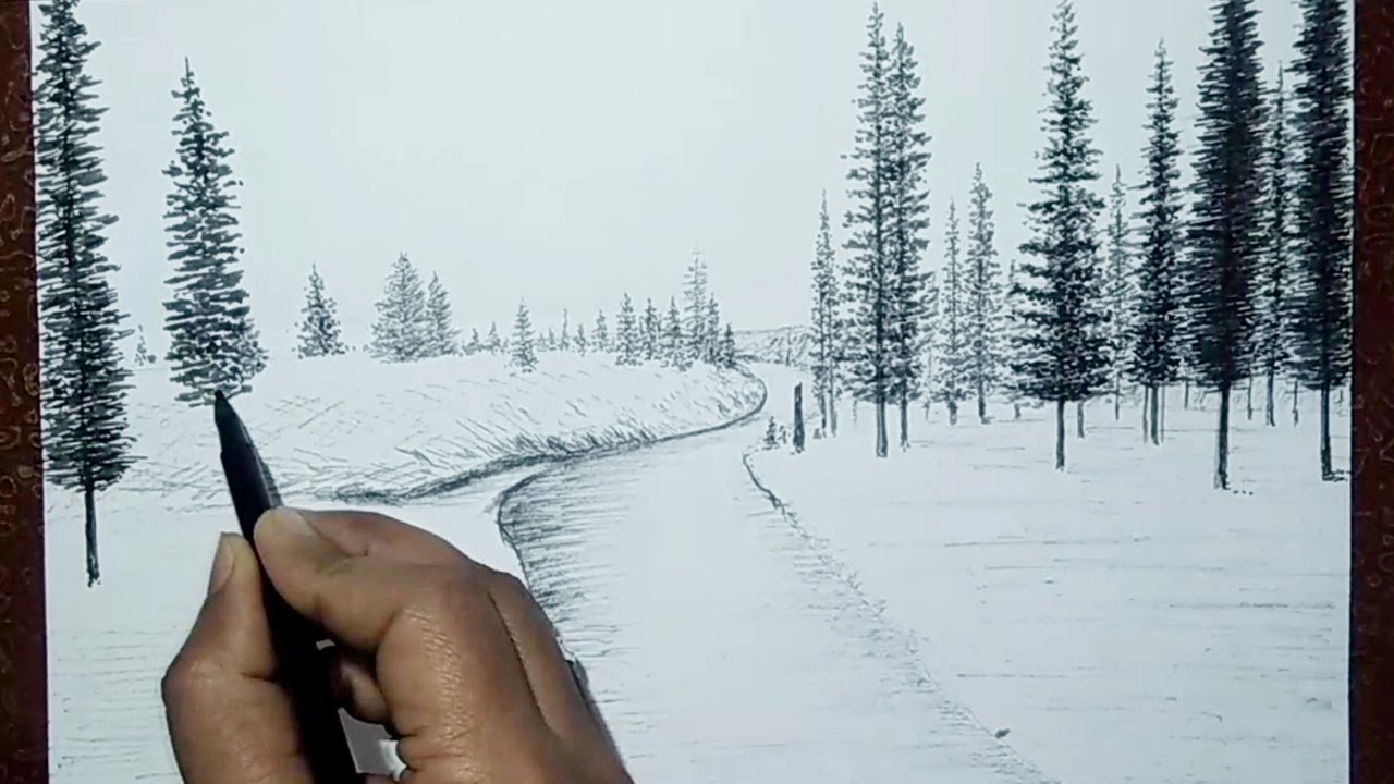 River with Pine Forest || River || Pine Forest || Drawing - YouTube