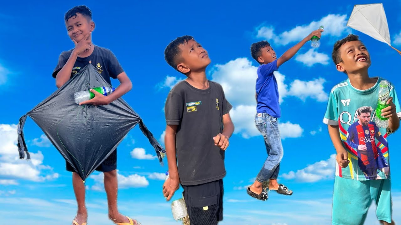Three brothers fly kites at the field with beautiful at countryside ...