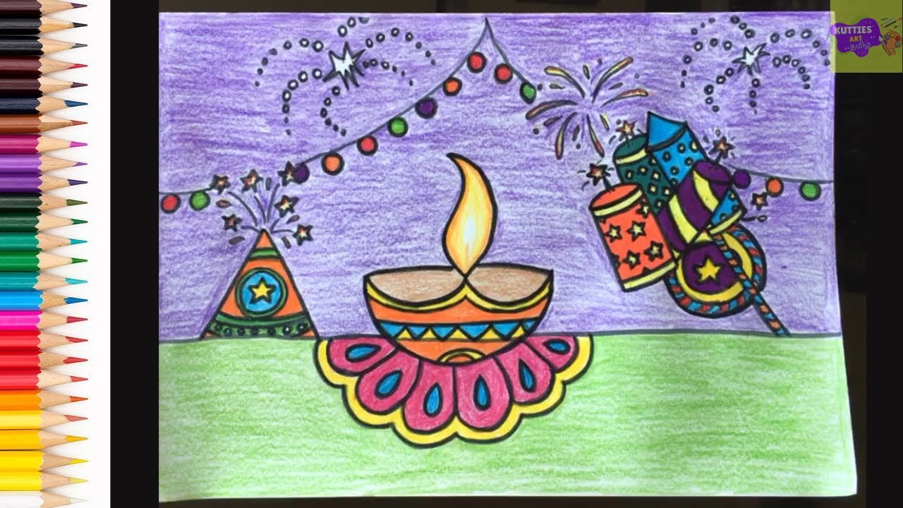 Diwali drawing/ how to draw Diwali celebration Greeting card for kids ...