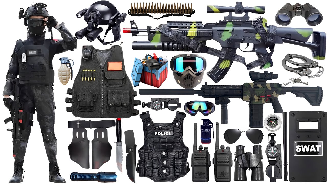 Unboxing of special police weapon toy set, including assault rifle ...