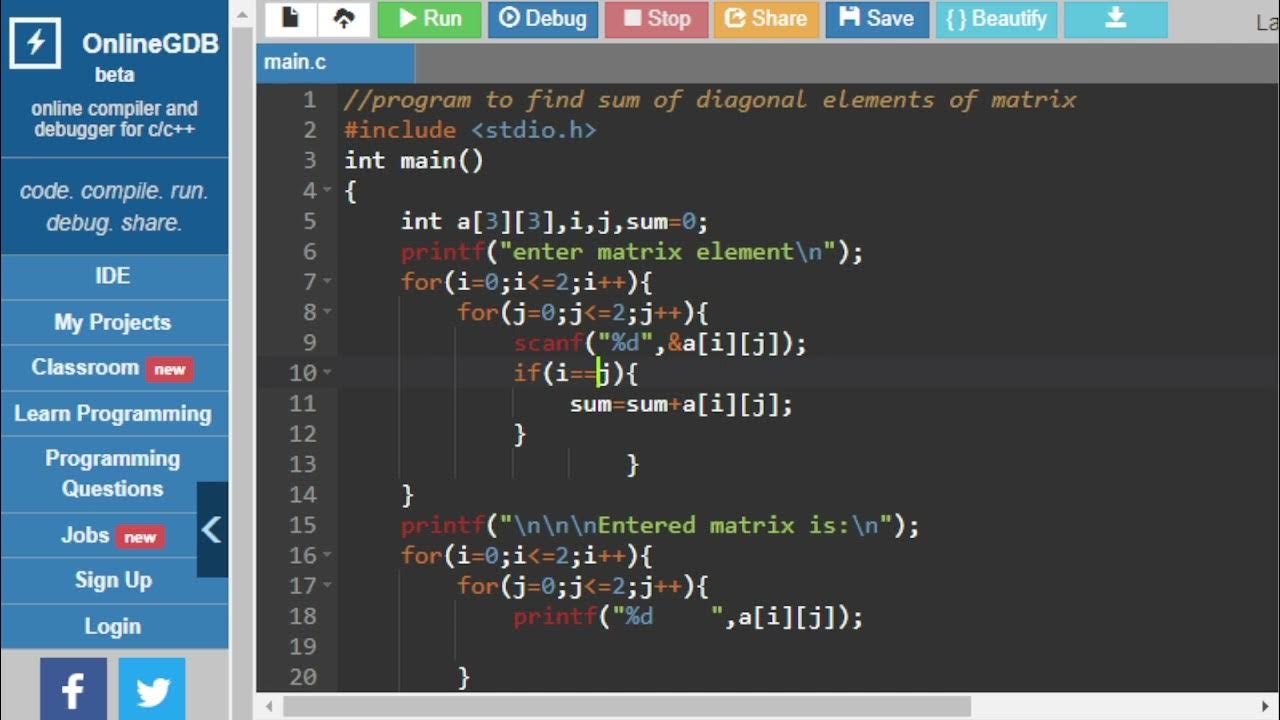 C program to find sum of diagonal elements of matrix - YouTube
