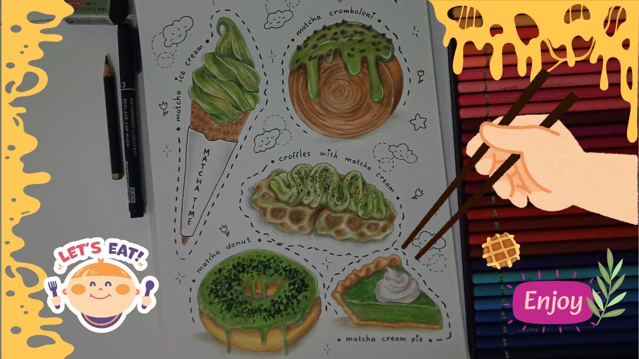 time to draw drawing various matcha desserts 🍦🍩🥐🥧 - YouTube