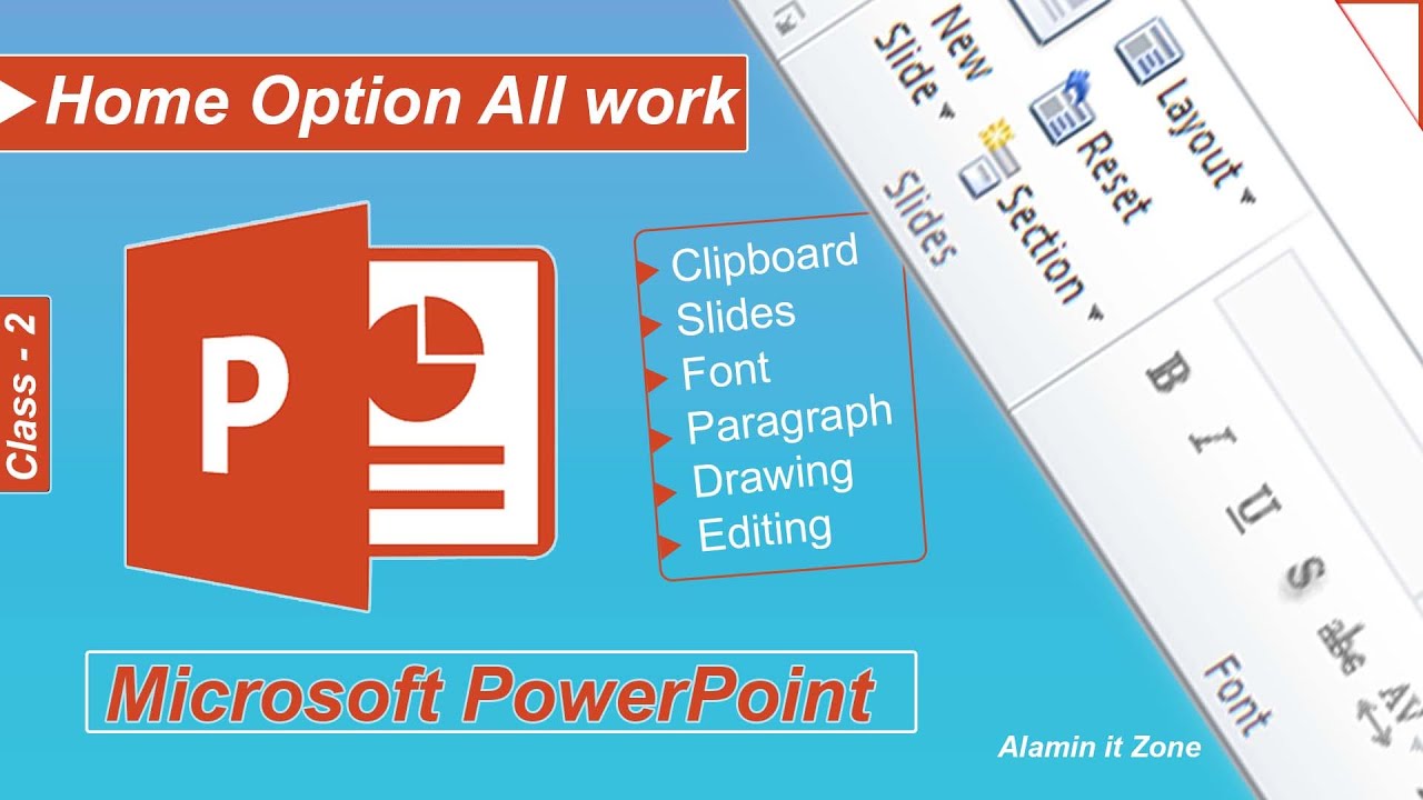 Microsoft PowerPoint Home tab. Clipboard,Slide, font,pragraph edting ...