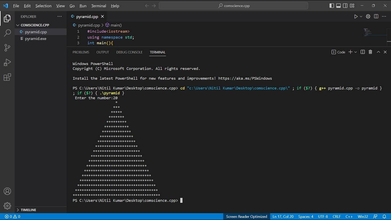 Making Pyramid star Pattern in C++. #snehakumari12 #like #subscribe # ...