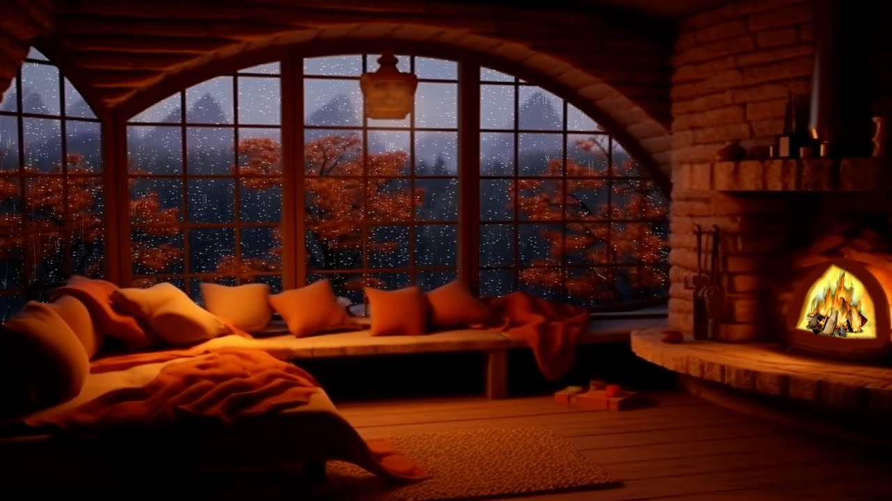 Cozy Cabin | Autumn Rain at Night and Crackling Fire - Relaxing ...