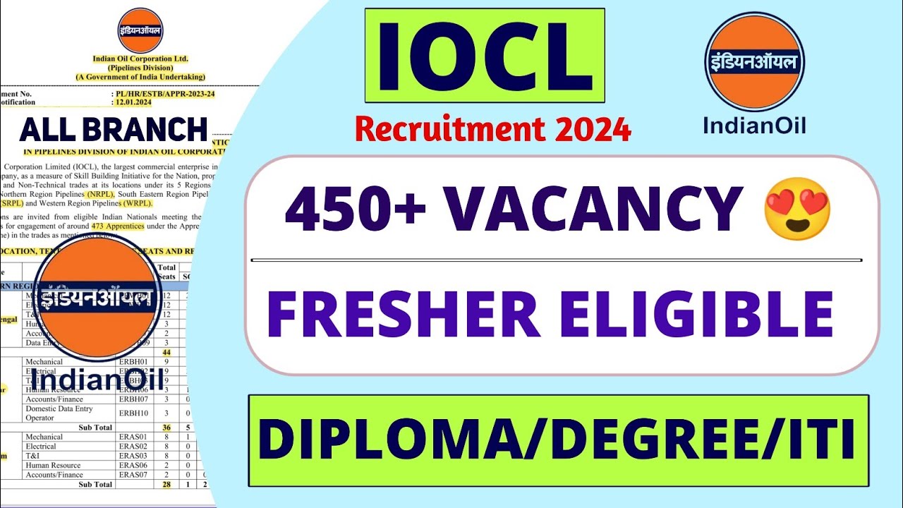 IOCL New Recruitment 2024। 450+ Vacancy 😍। Fresher Eligible। IOCL ...
