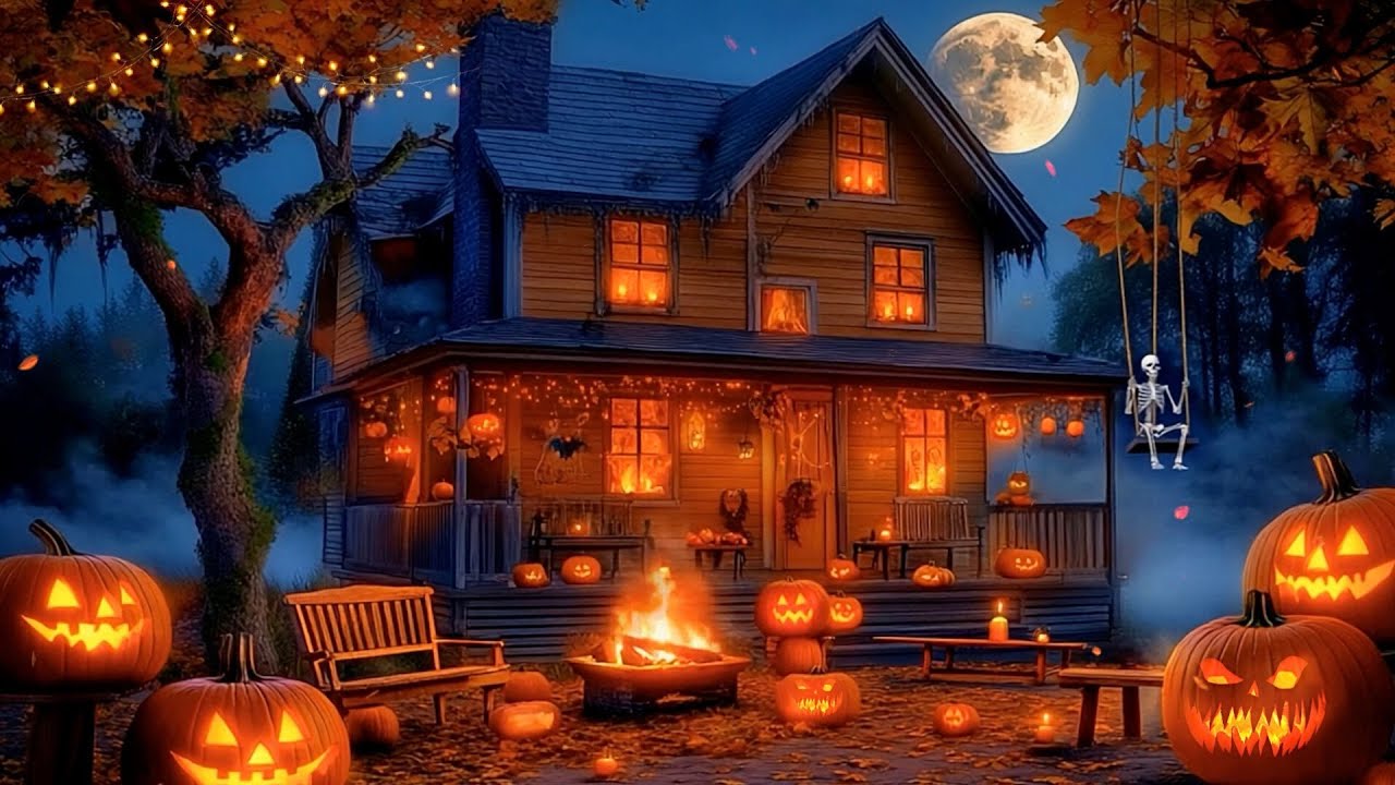Spooky Autumn Evening at the Haunted House 🎃 Crackling Fire & Halloween ...