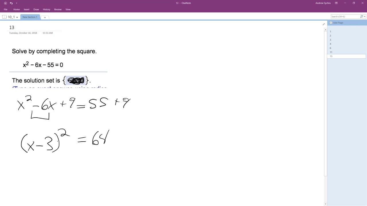 X 2 6x 55 0 Solve By Completing The Square YouTube
