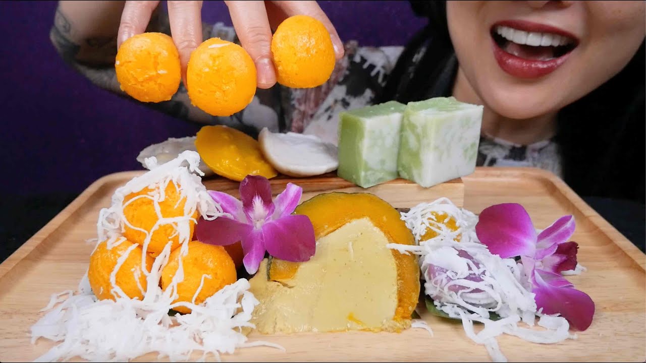 THAI DESSERT (FLUFFY CAKE, JELLO, COCONUT CAKE) ASMR EATING SOUNDS | NO ...