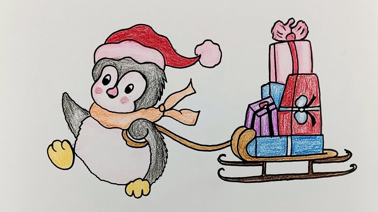 Christmas Festival Drawing // Cute Penguin Drawing // Merry Christmas ...
