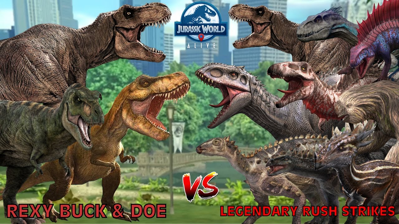 Rexy, Buck, & Doe vs Legendary Rush Strikes - Jurassic World Alive ...